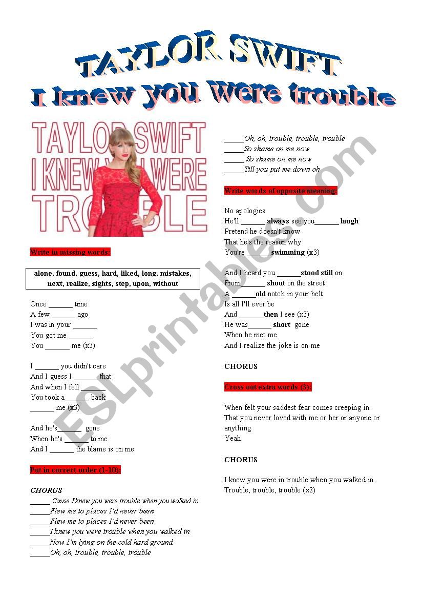 TAYLOR SWIFT ´TROUBLE´ - ESL worksheet by pawag