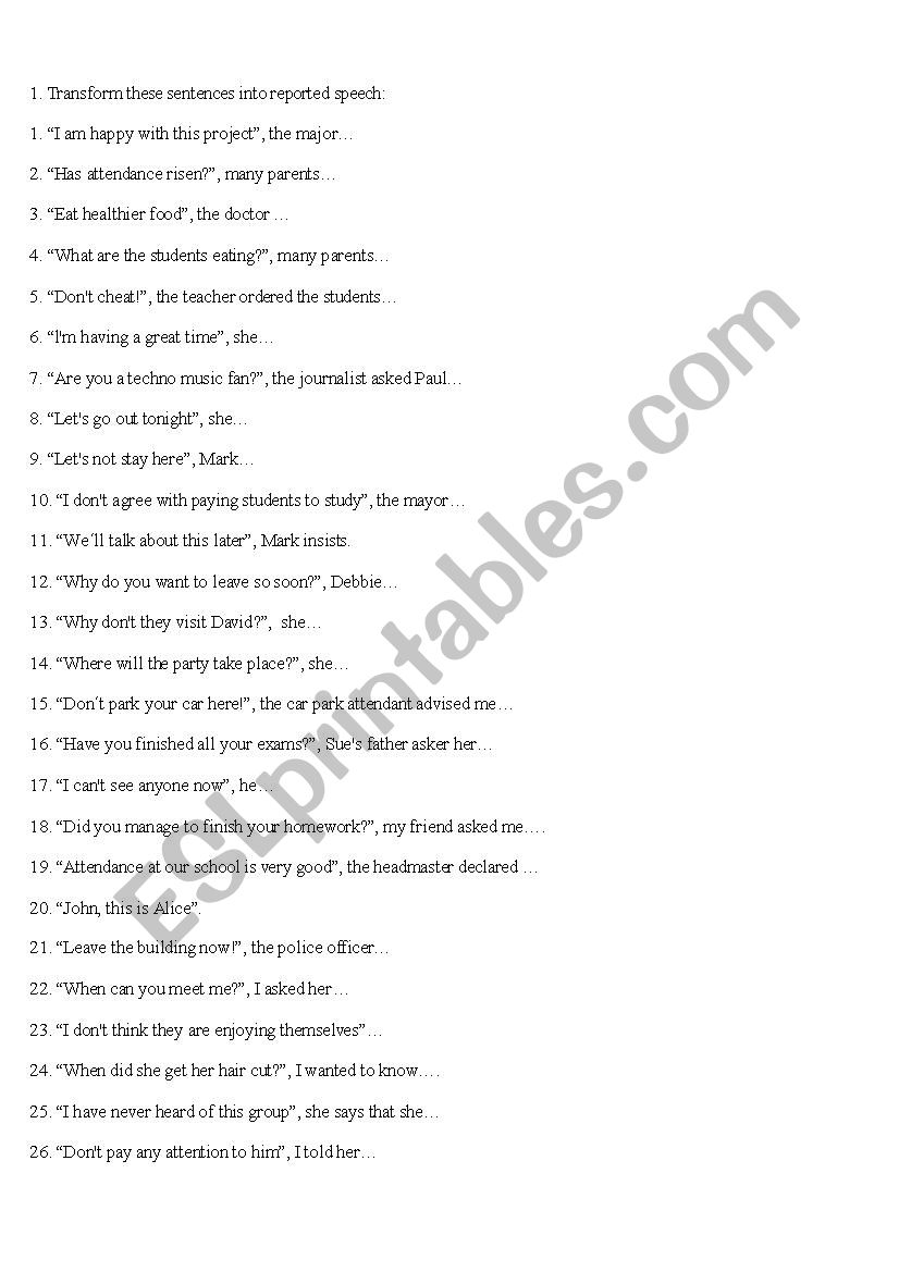 reported speech rewriting - ESL worksheet by chikypirata reported speech rewriting - ESL worksheet by chikypirata