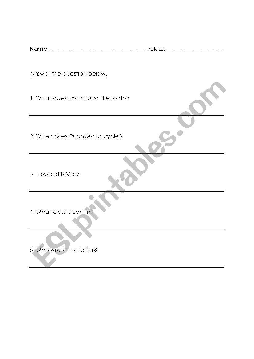 Reading Activity for Year 3 Unit 4 - ESL worksheet by czarine1982