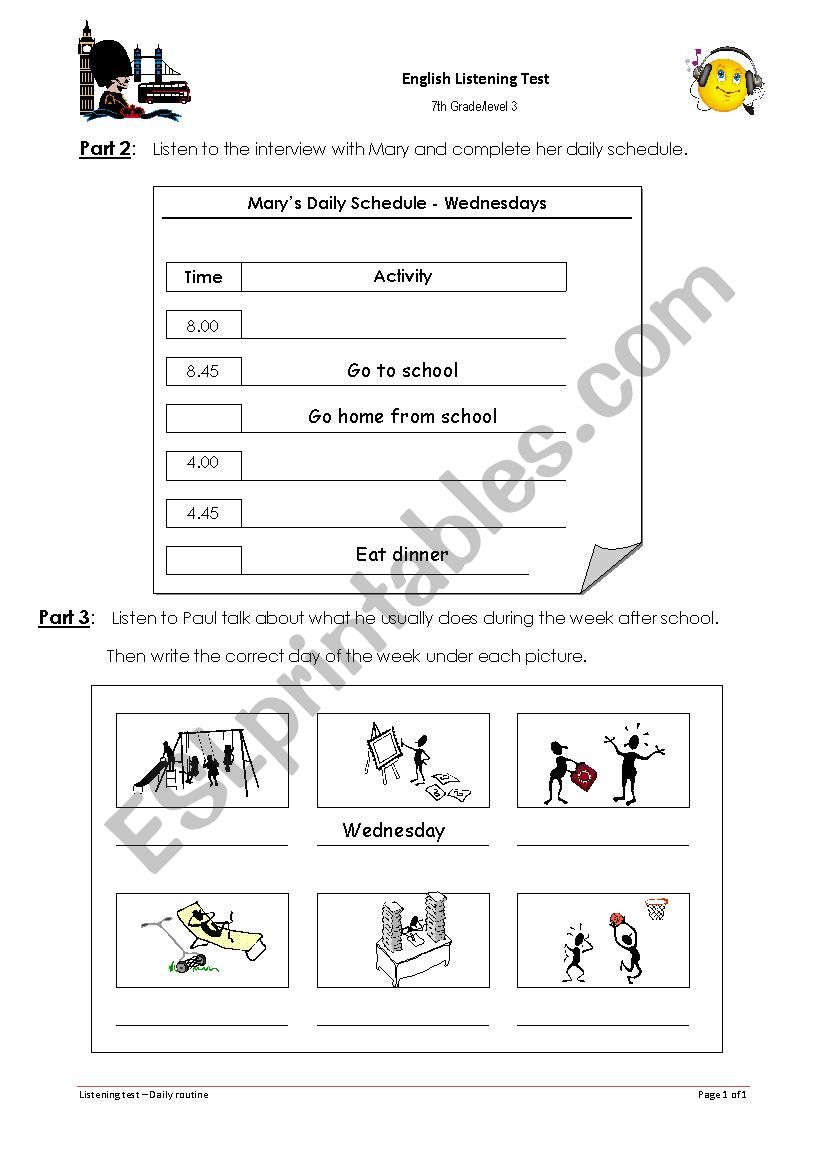Listening Test Daily Routine Part 2 And 3 ESL Worksheet By Teresaspicy