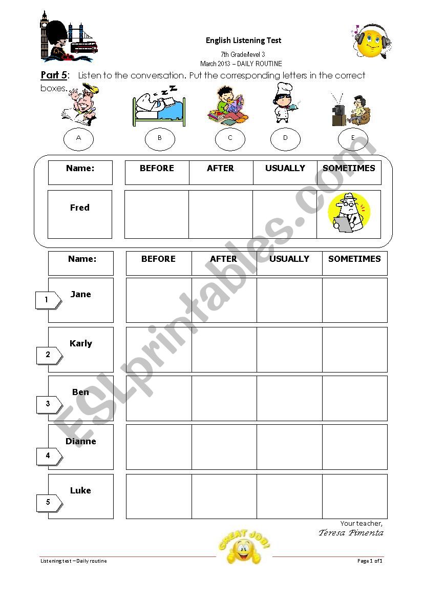 Listening Test Daily Routine Part 5 ESL Worksheet By Teresaspicy