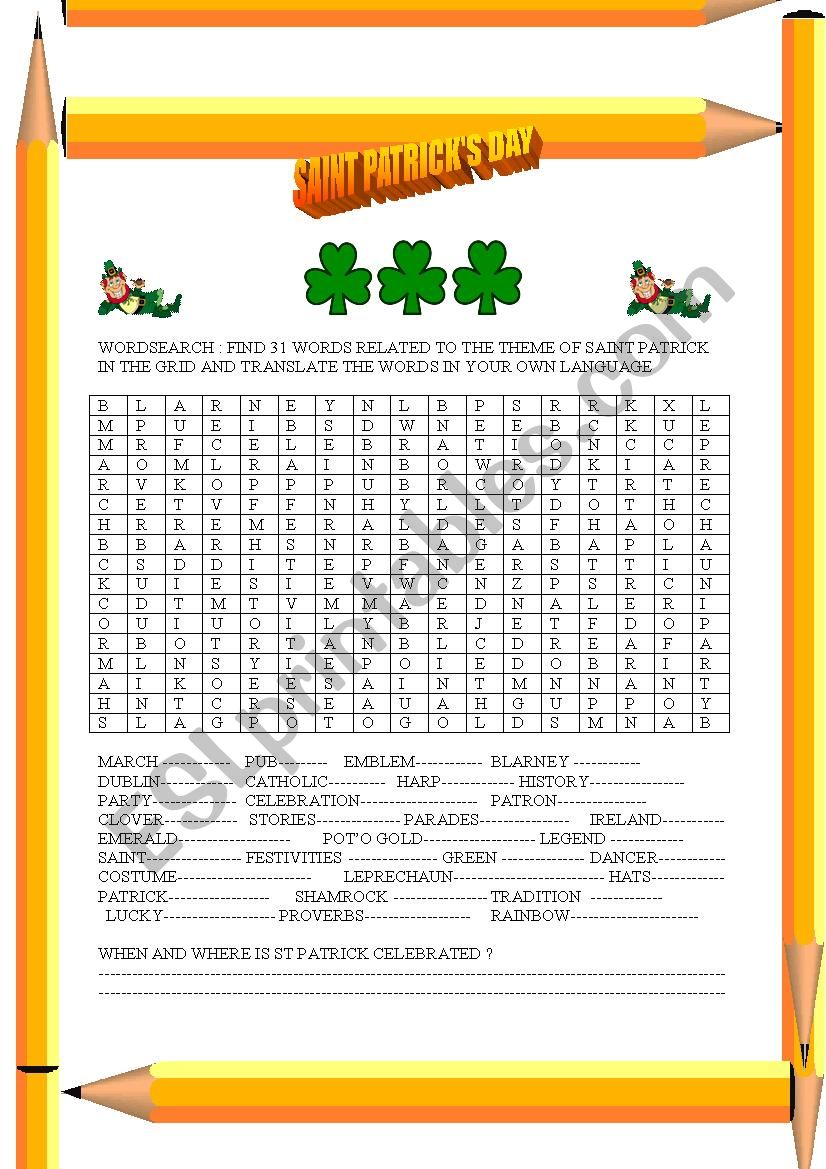 ST Patrick´s day wordsearch - ESL worksheet by spied-d-aignel