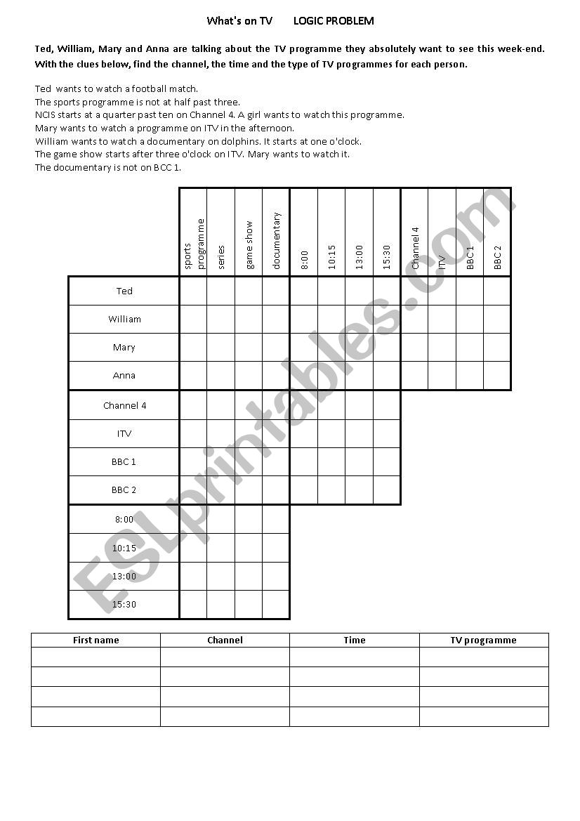 What´s on TV - a logic problem - Key included - ESL worksheet by ...