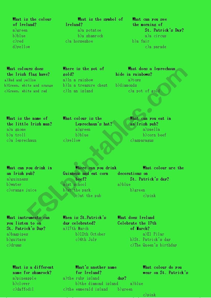 St. Patrick´s Day (Question Cards for younger learners) - ESL worksheet ...