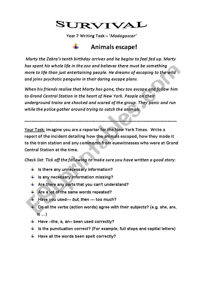 Survival Unit Year 7 - ESL worksheet by merlinator