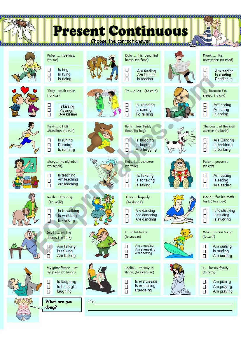 Present Continuous MULTIPLE CHOICE ESL Worksheet By Welch