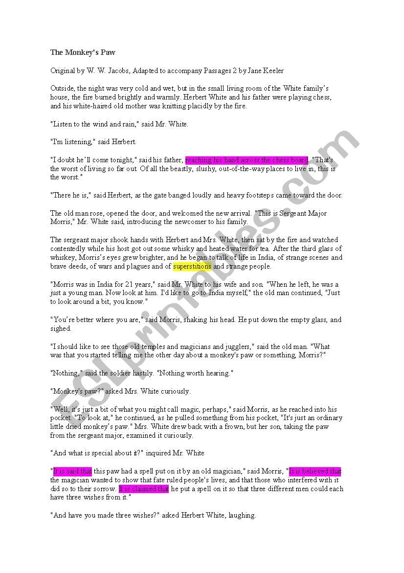 The Monkey´s Paw, ESL Version (Corresponds to Passages 2, Ch.3-4) - ESL ...