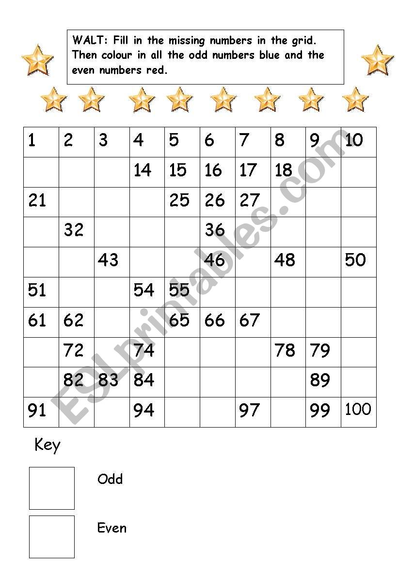 English Worksheets Missing Number 100 Square