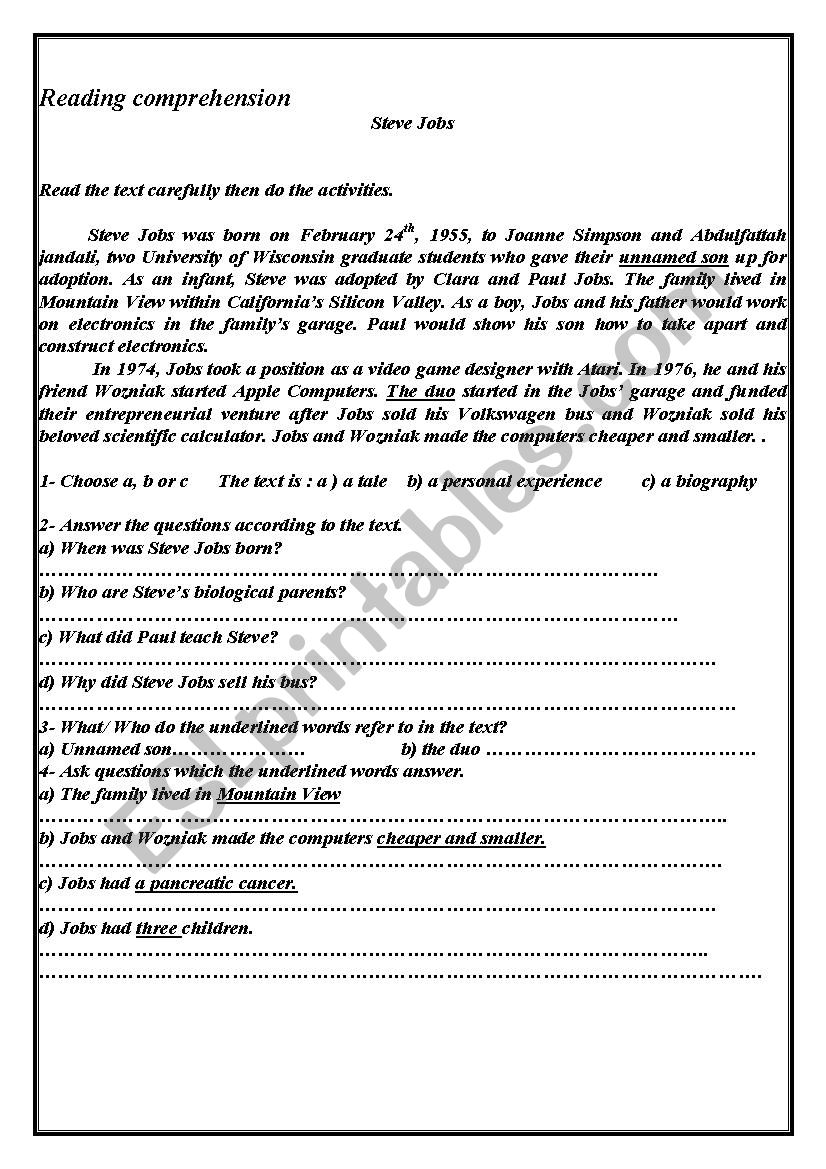 Steve JobÂ´s Biography - ESL worksheet by elinamy