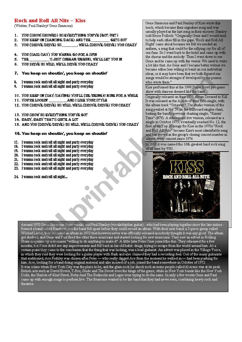 Rock and Roll All Nite – Kiss - ESL worksheet by Andre Stanley