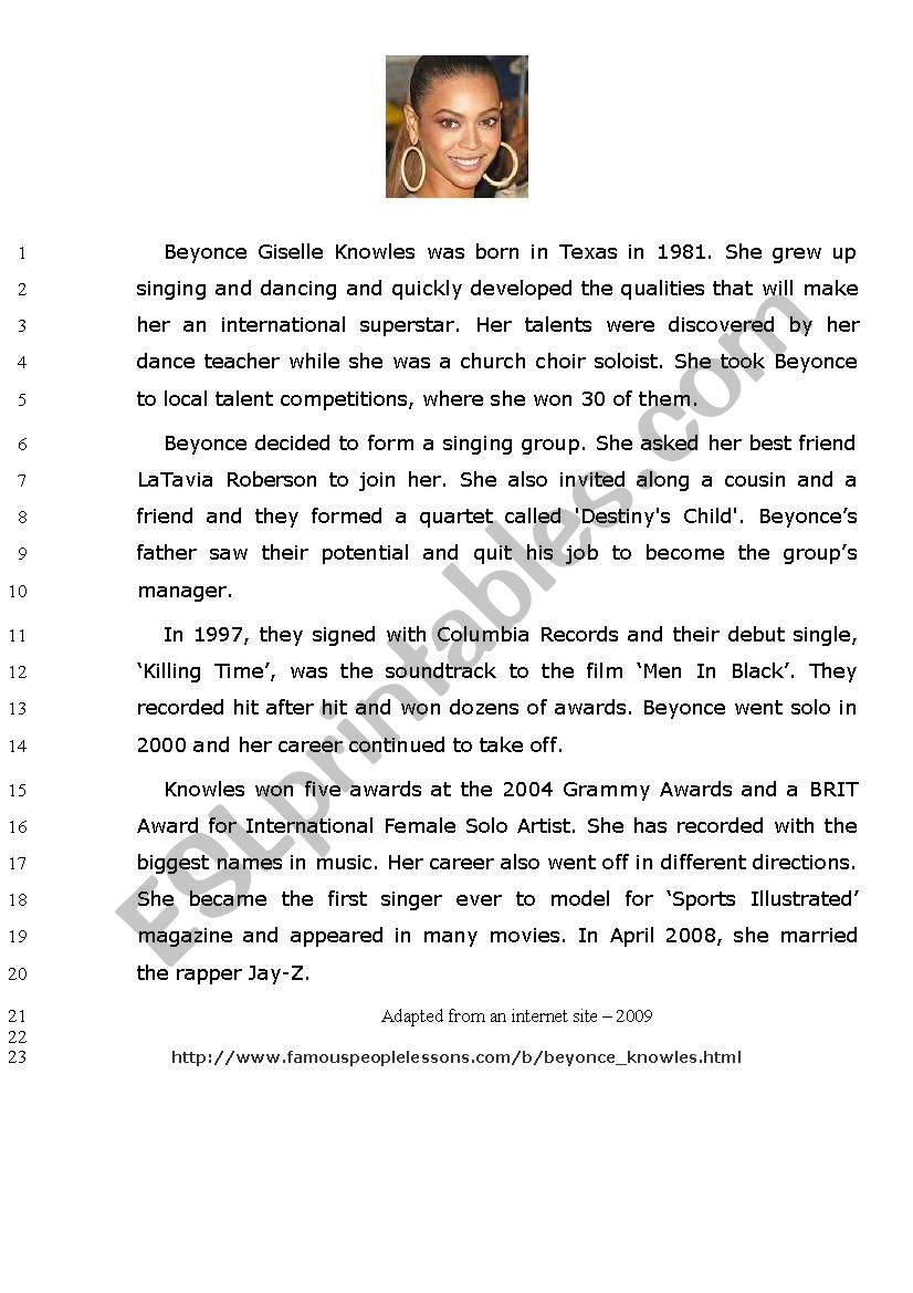 Biography of Beyoncé - ESL worksheet by ngoc86