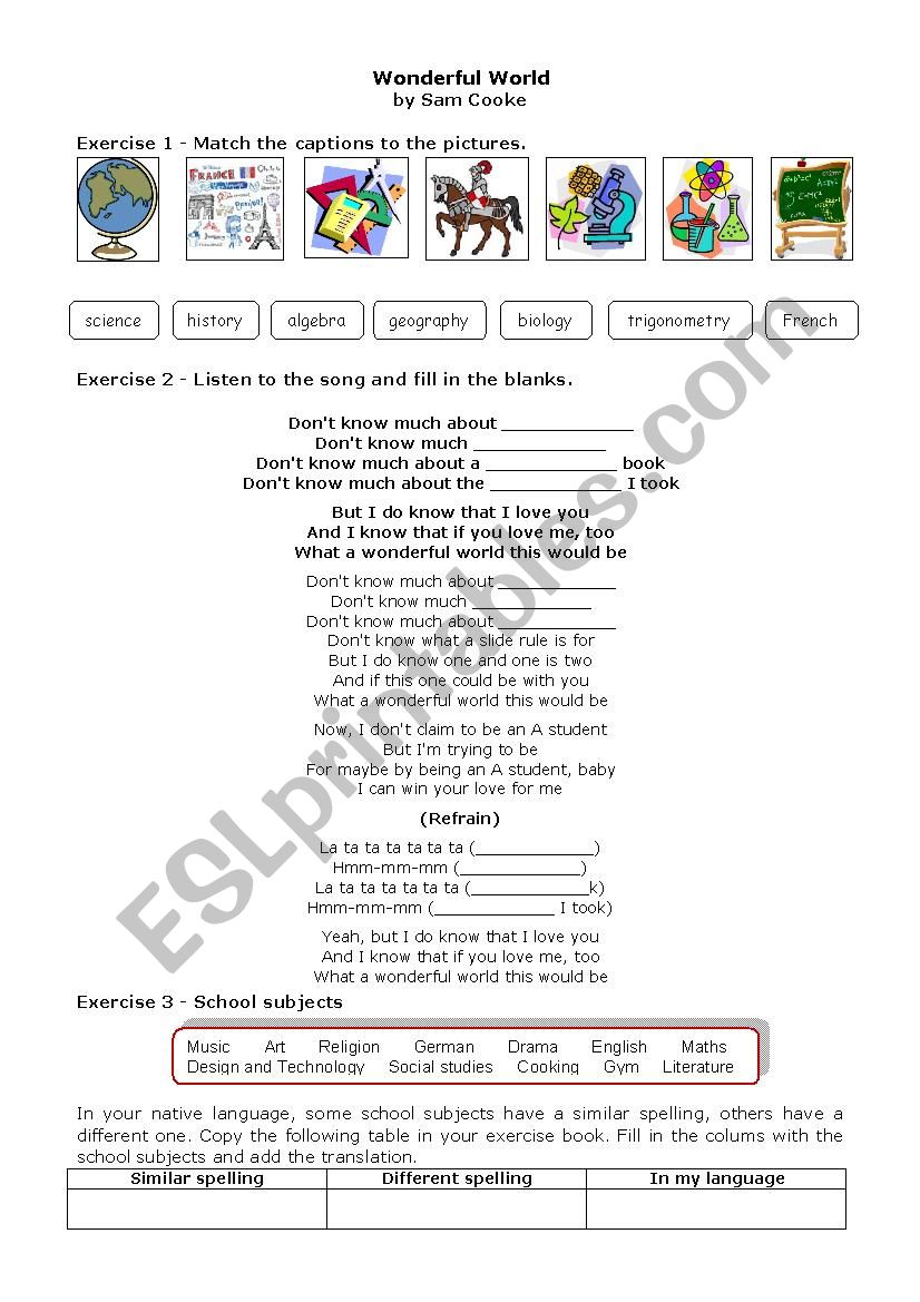School subjects with the song ´Wonderful World´ by Sam Cooke - ESL ...