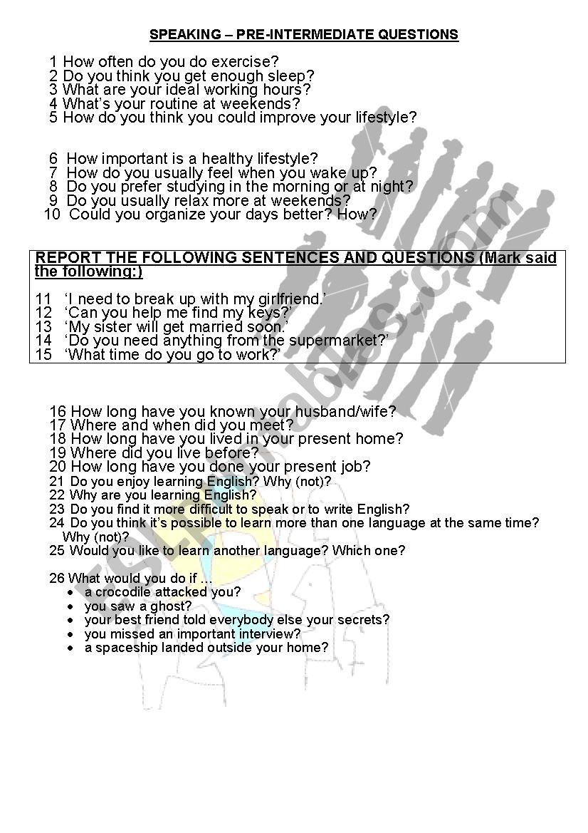 SPEAKING PRE INTERMEDIATE QUESTIONS VOL 01 ESL Worksheet By
