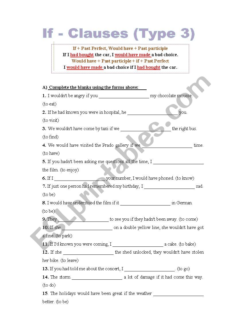 If clauses Type 3 ESL Worksheet By LipaM