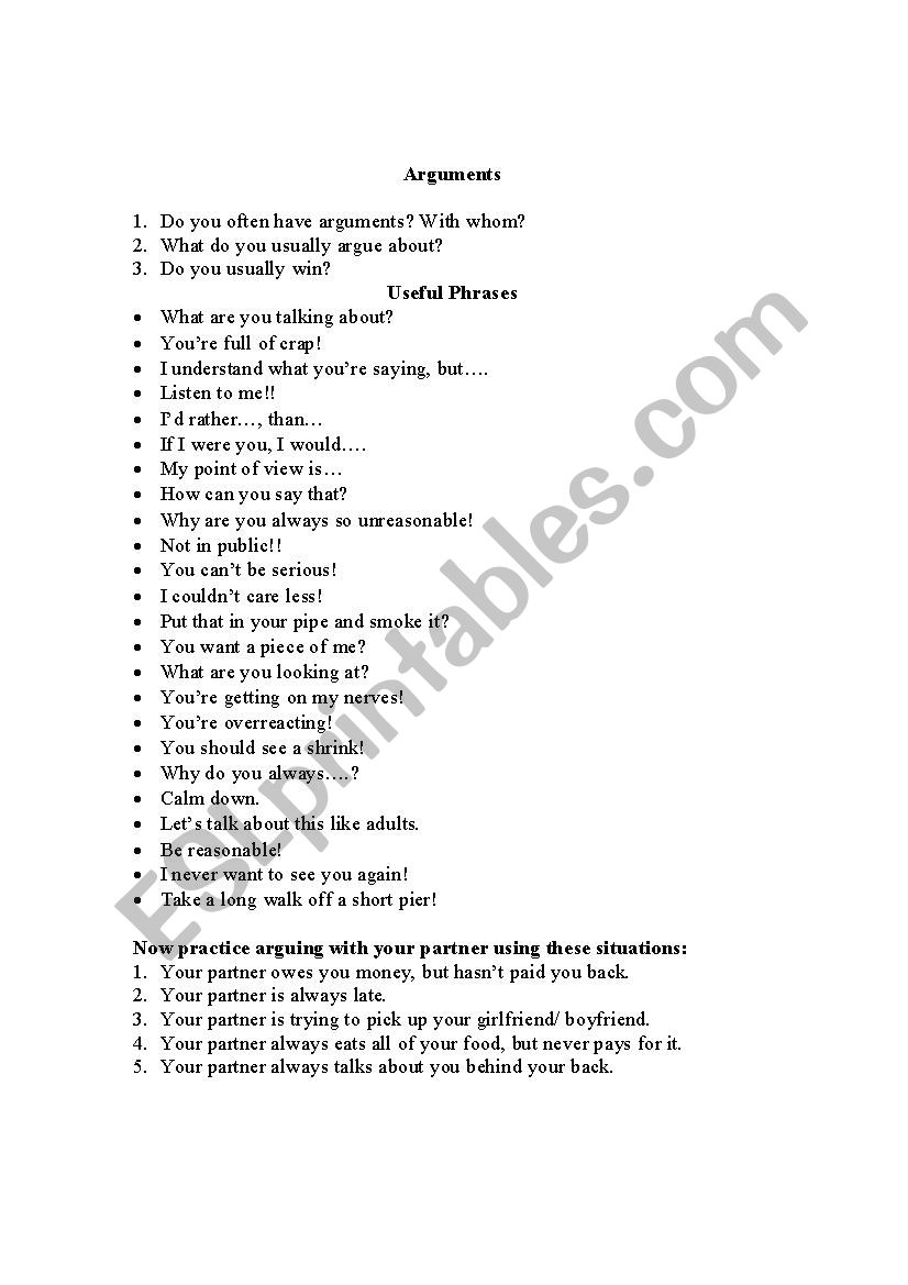 Arguments - ESL worksheet by Mookie Wilson Arguments - ESL worksheet by Mookie Wilson