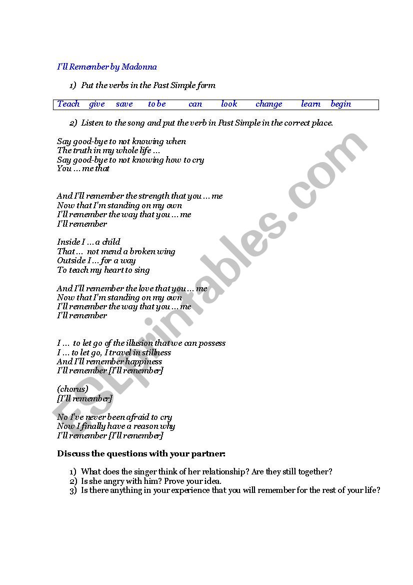 I´ll remember by Madonna - ESL worksheet by natalavrova
