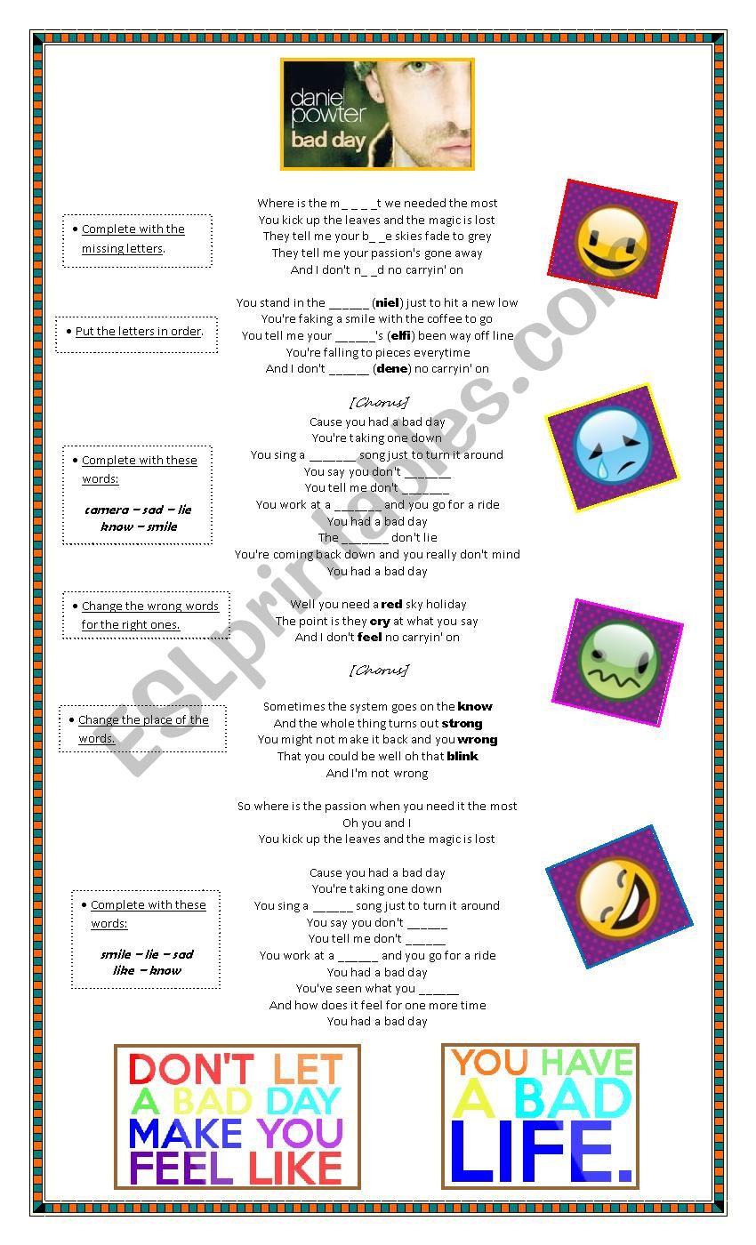 Song: ´Bad Day´ by Daniel Powter - ESL worksheet by roxmar