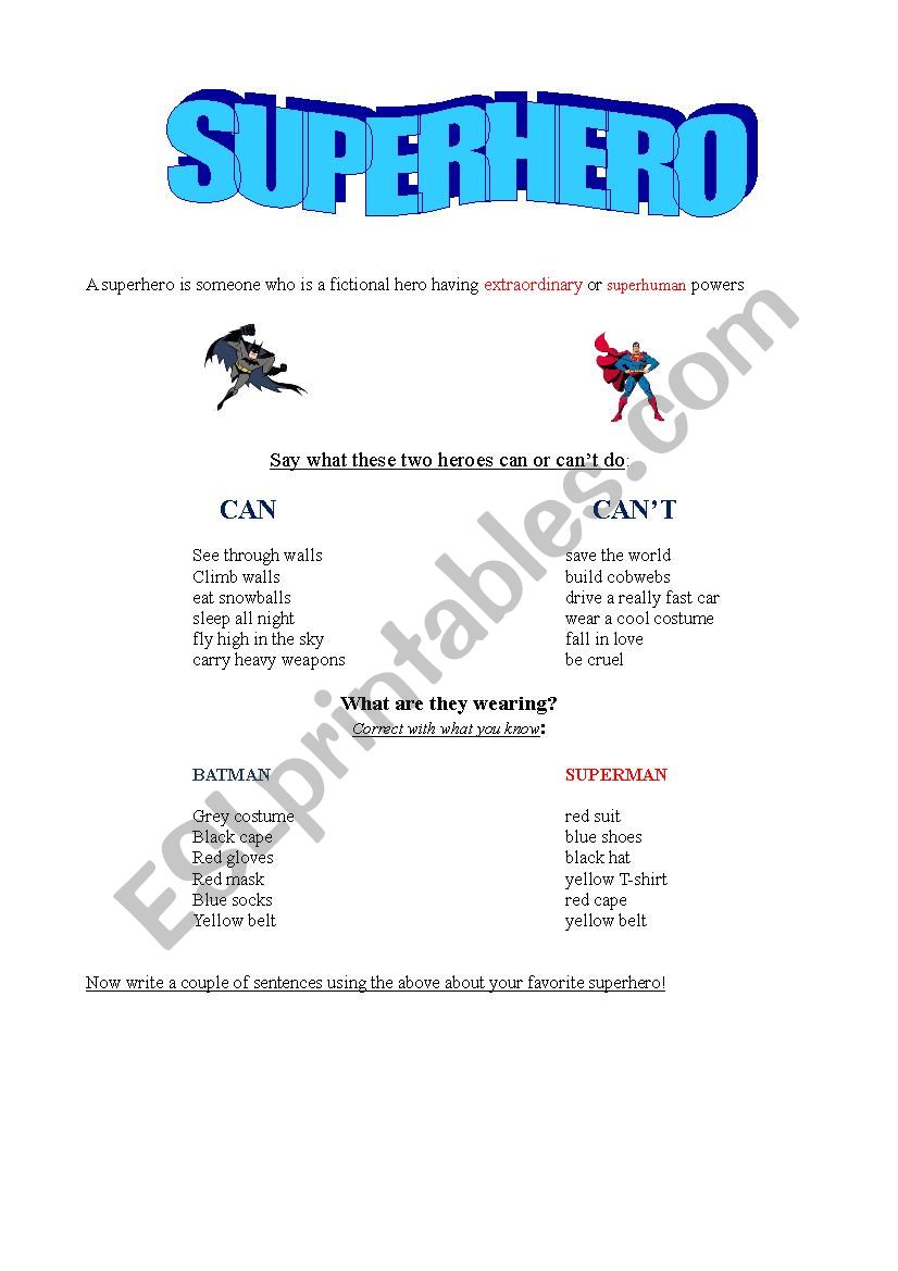 Superhero - can and can´t - ESL worksheet by hardcase