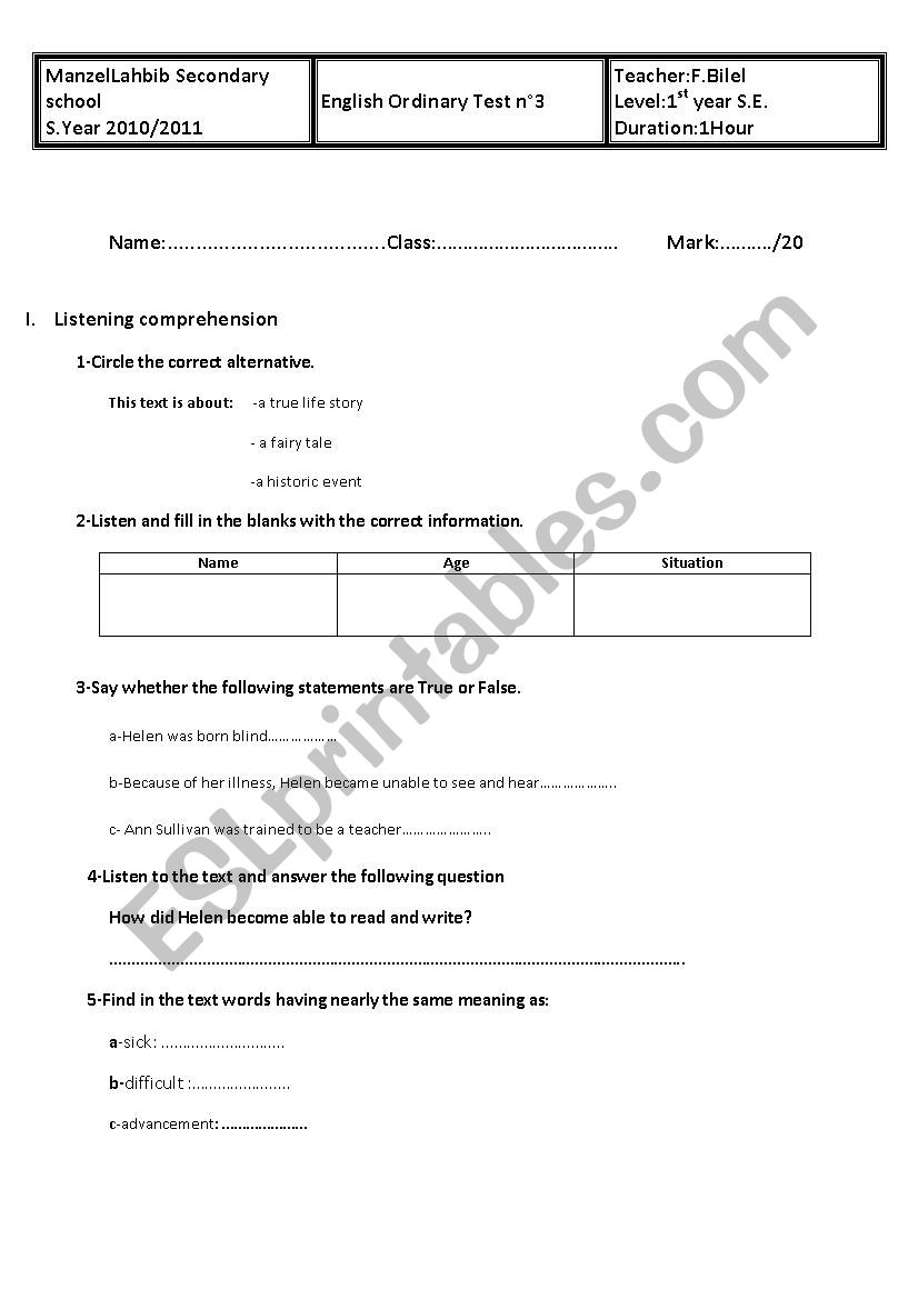 mid-term test n°3 for 1st year - ESL worksheet by englishteacherfaleh