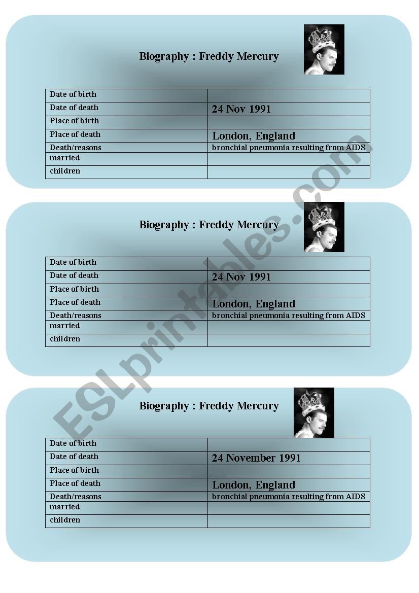 Freddy Mercury´s biography - ESL worksheet by doudouxx