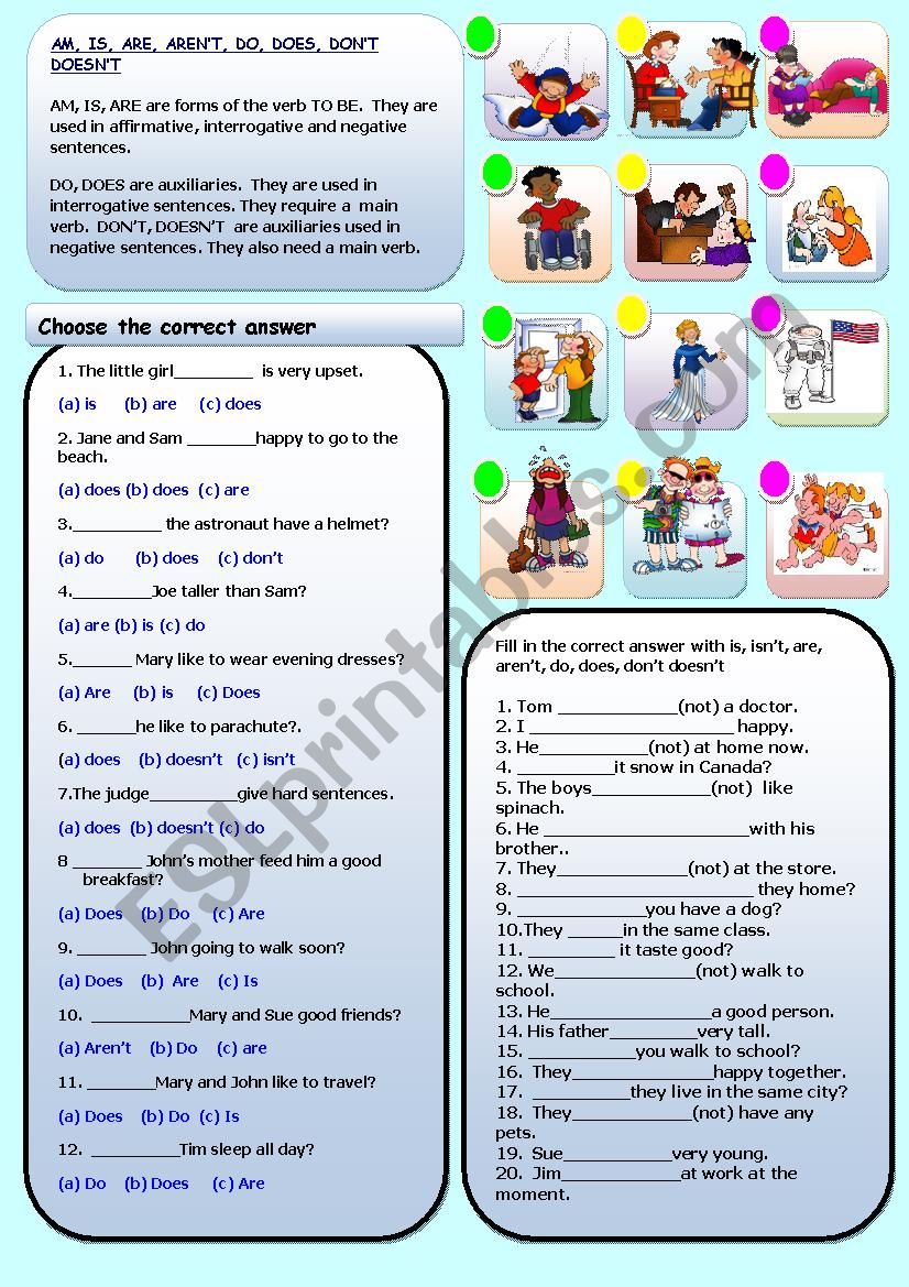 IS, ISN´T, ARE, AREN´T, DO, DOES, DON´T DOESN´T - ESL worksheet by GIOVANNI
