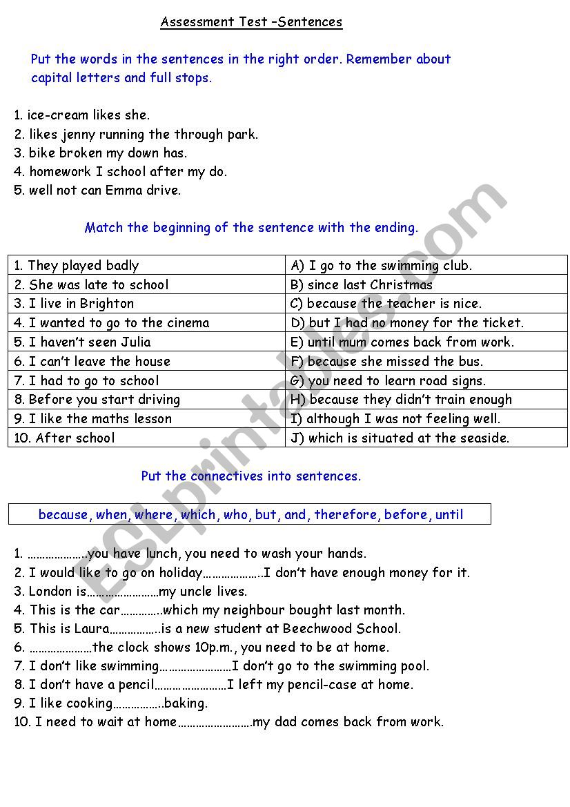 Sentence Structure revision Test ESL Worksheet By Pytek