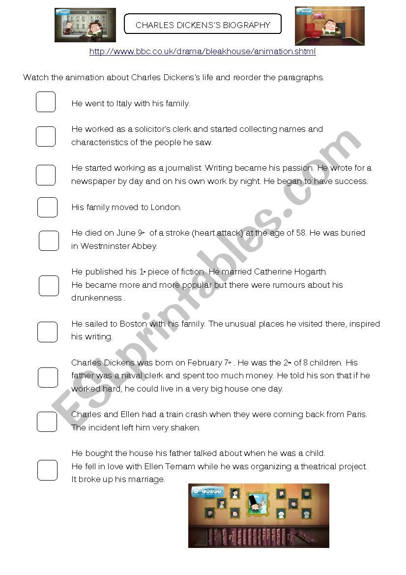 Listening : Charles Dickens´s biography - ESL worksheet by Faurfab