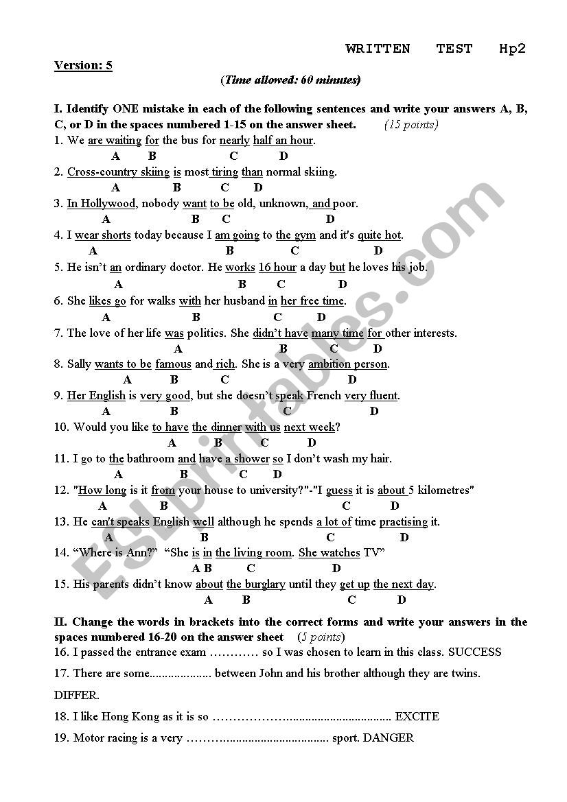 Grammar test for students at elementary level - ESL worksheet by phuonglinh