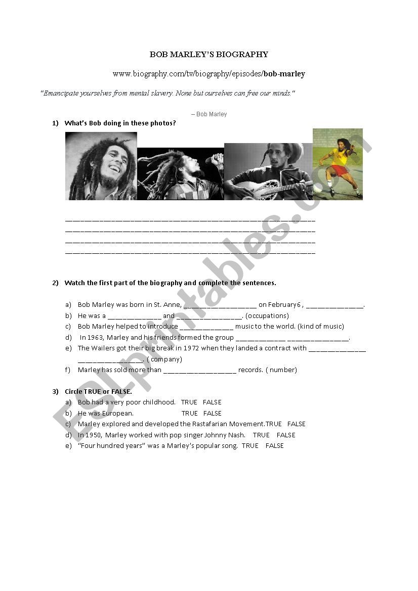 Bob Marley´s Biography - Video Session - ESL worksheet by Eugeniadelapaz