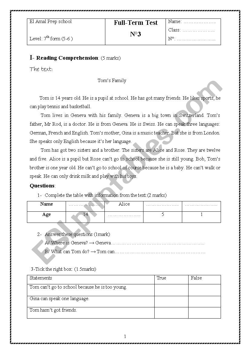 End of term test n°3 (8th form) - ESL worksheet by LOUJAIN