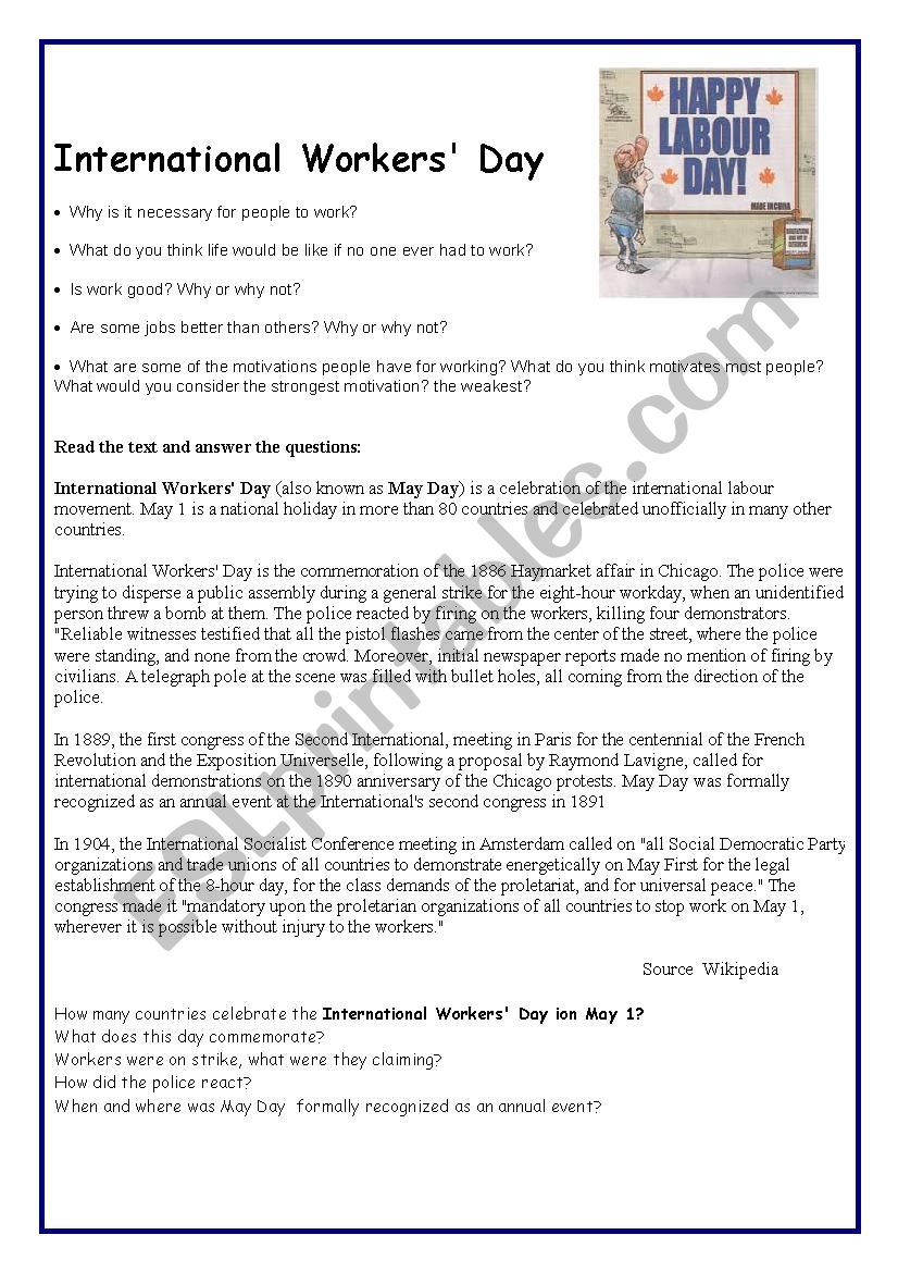 International Workers´ Day (Labour Day) - The origins - ESL worksheet ...