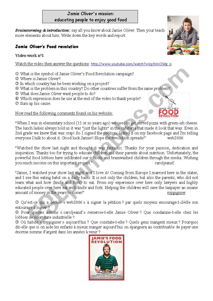 Jamie Oliver´s food revolution campaign - ESL worksheet by missive