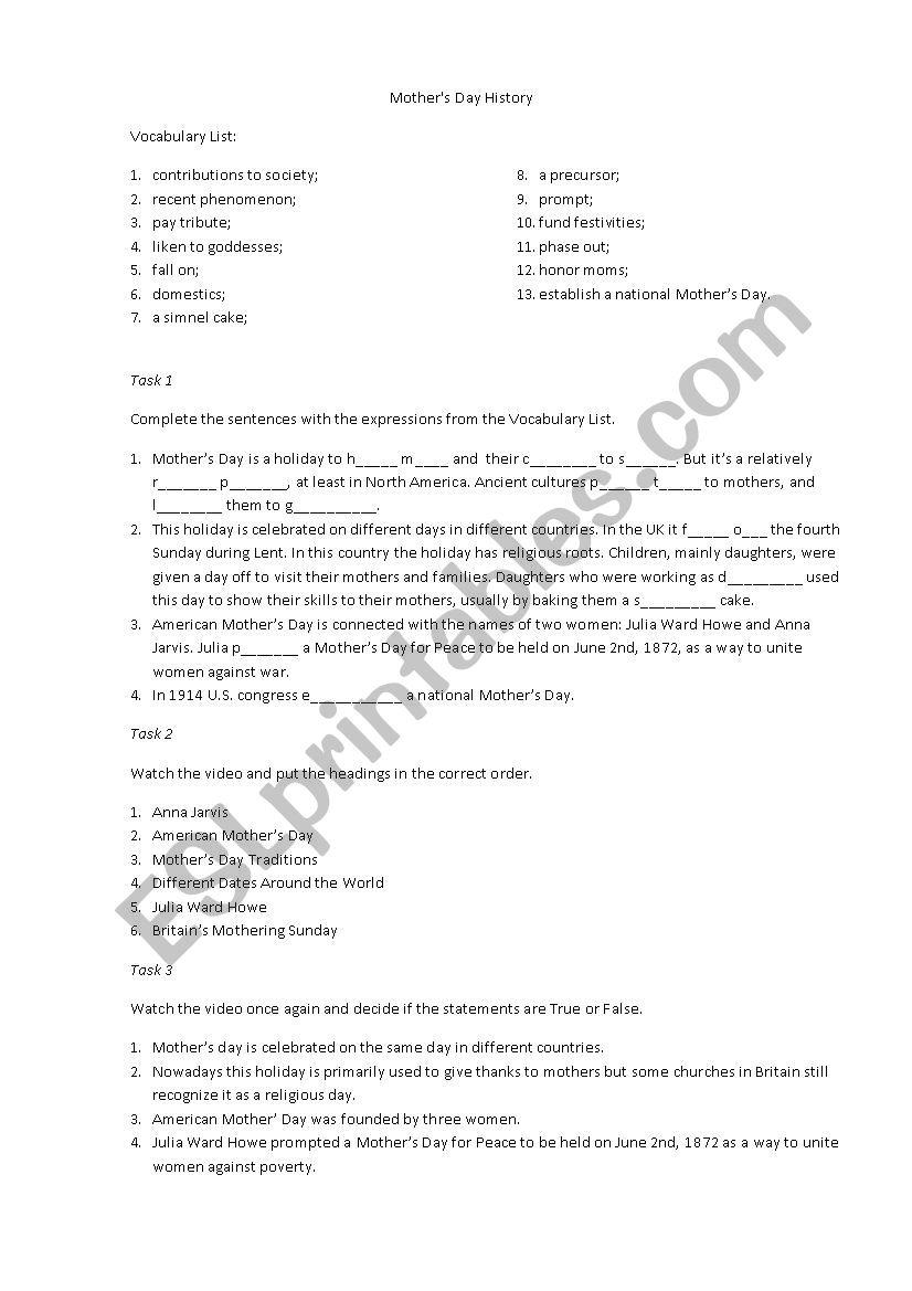 Mother´s Day History and Origions. Video Worksheet. - ESL worksheet by ...