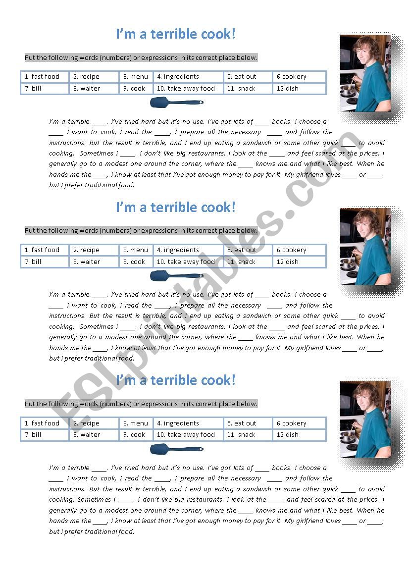 Vocabulary exercise - I´m a terrible cook - ESL worksheet by sandramaisa