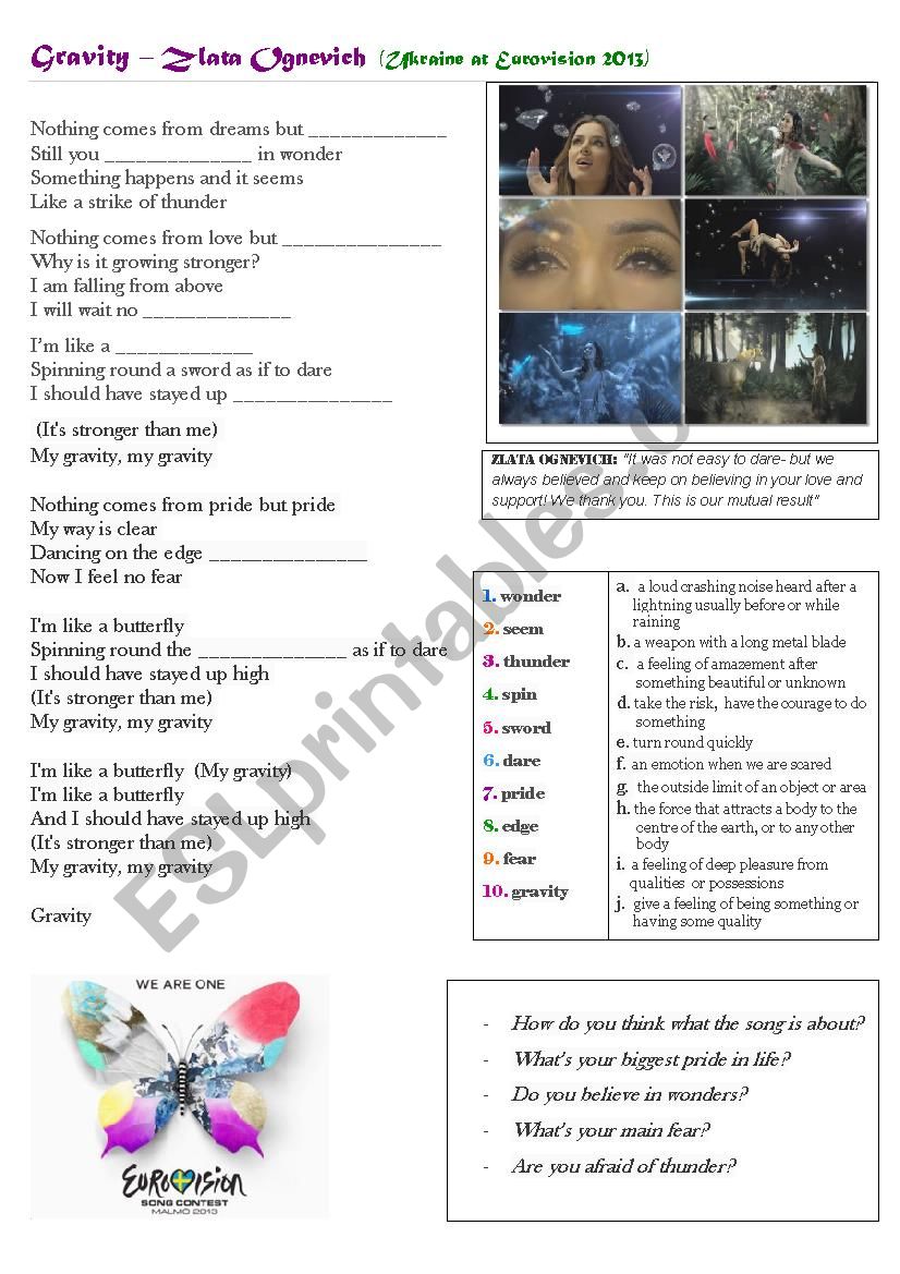 Gravity – Zlata Ognevich (Ukraine at Eurovision 2013) - ESL worksheet ...