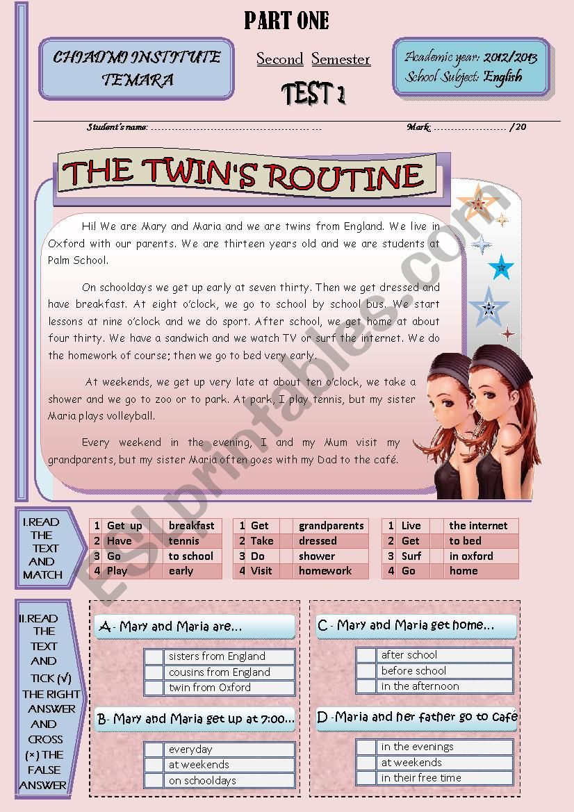 THE TWIN´S ROUTINE (PART ONE) - ESL worksheet by aadnan touil