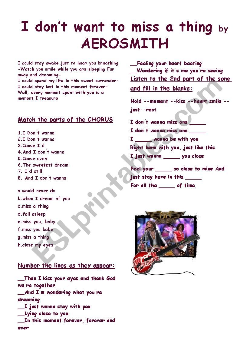 I DON´T WANT TO MISS A THING by Aerosmith - ESL worksheet by eguerrero I DON´T WANT TO MISS A THING by Aerosmith - ESL worksheet by eguerrero