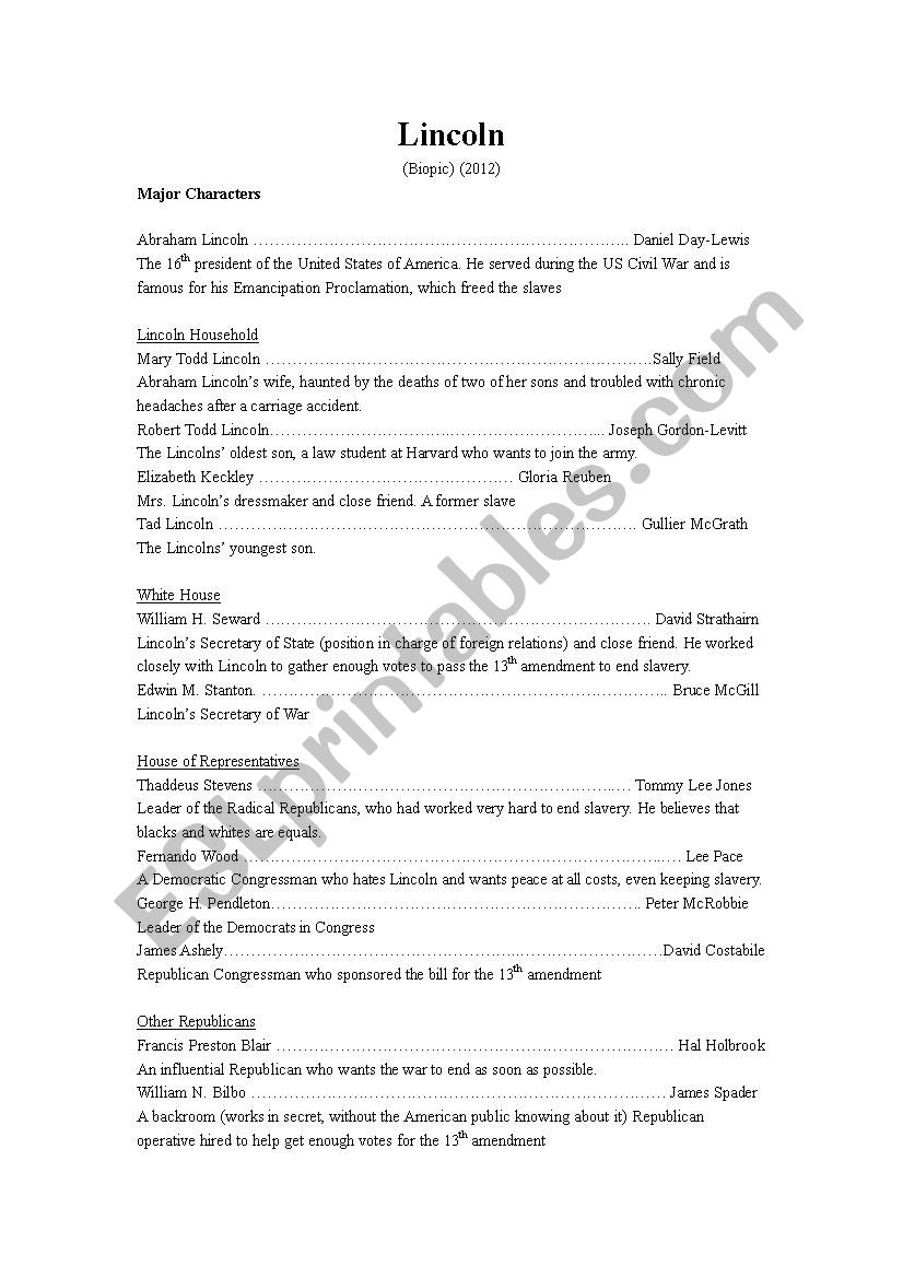 Vocabulary Guide for Spielberg´s Lincoln - ESL worksheet by Shannonfax