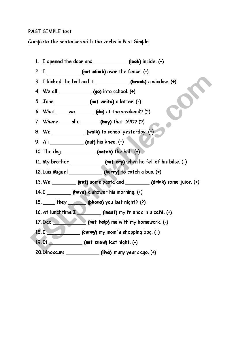 Past Simple Mixed Regular And Irregular Test ESL Worksheet By