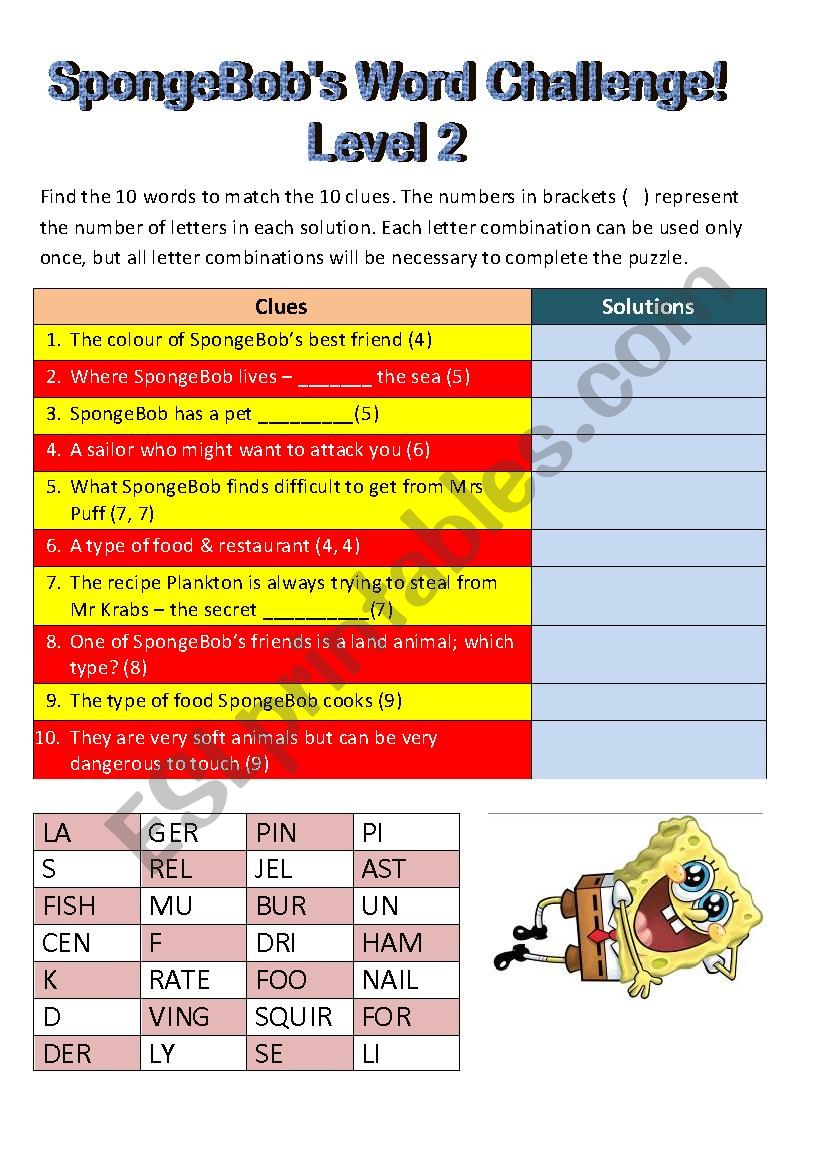SpongeBob´s Word Challenge, Level 2 - ESL worksheet by Renda