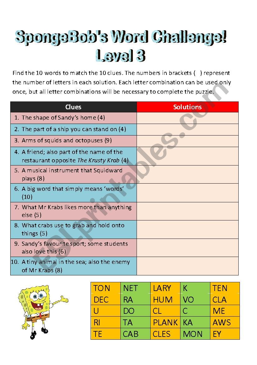 SpongeBob´s Word Challenge, Level 3 - ESL worksheet by Renda