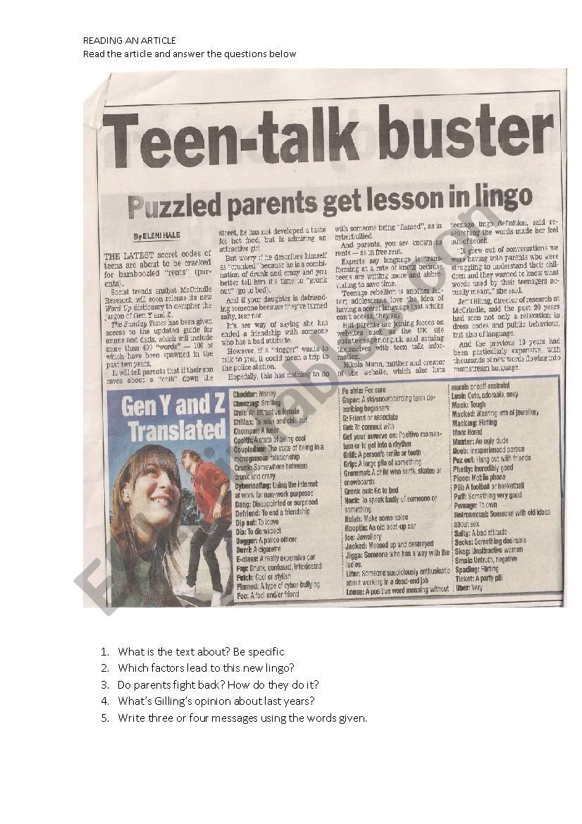 New Teenagers´ Lingo - ESL worksheet by MaryJoeMV