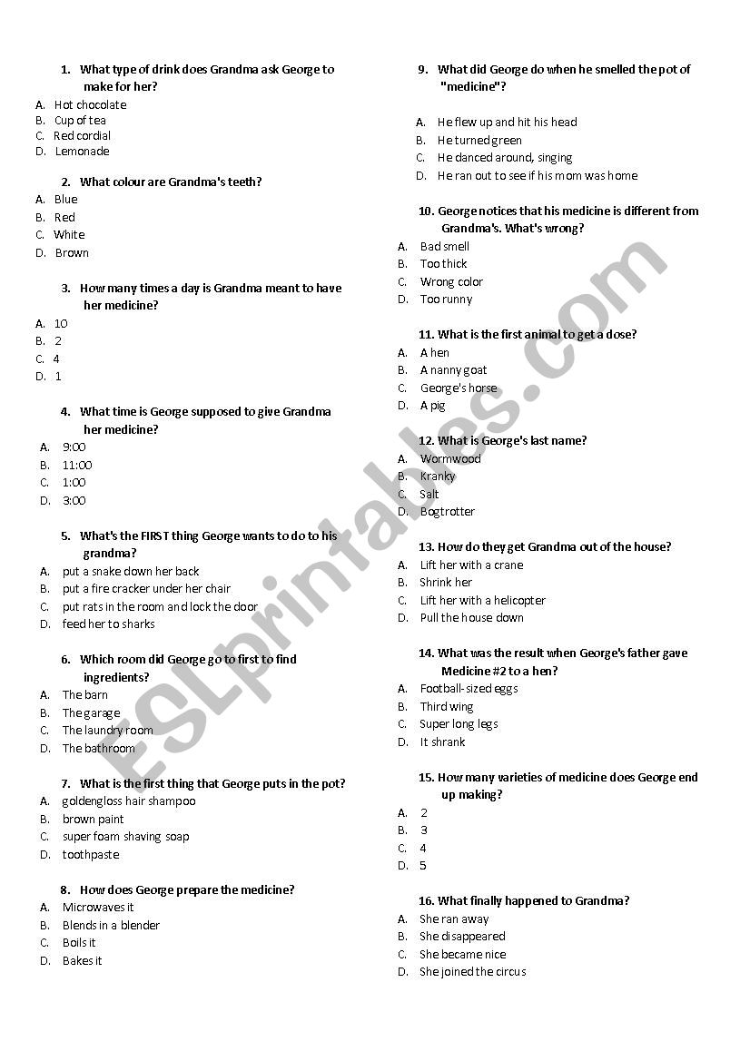 George´s Marvelous Medicine quiz - ESL worksheet by melkirk
