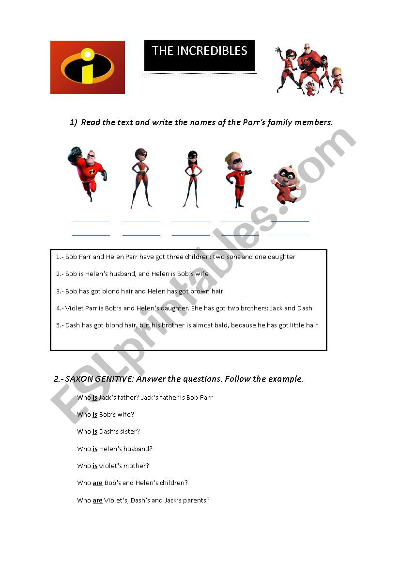 THE INCREDIBLES - Saxon Genitive - ESL worksheet by rafunenglish