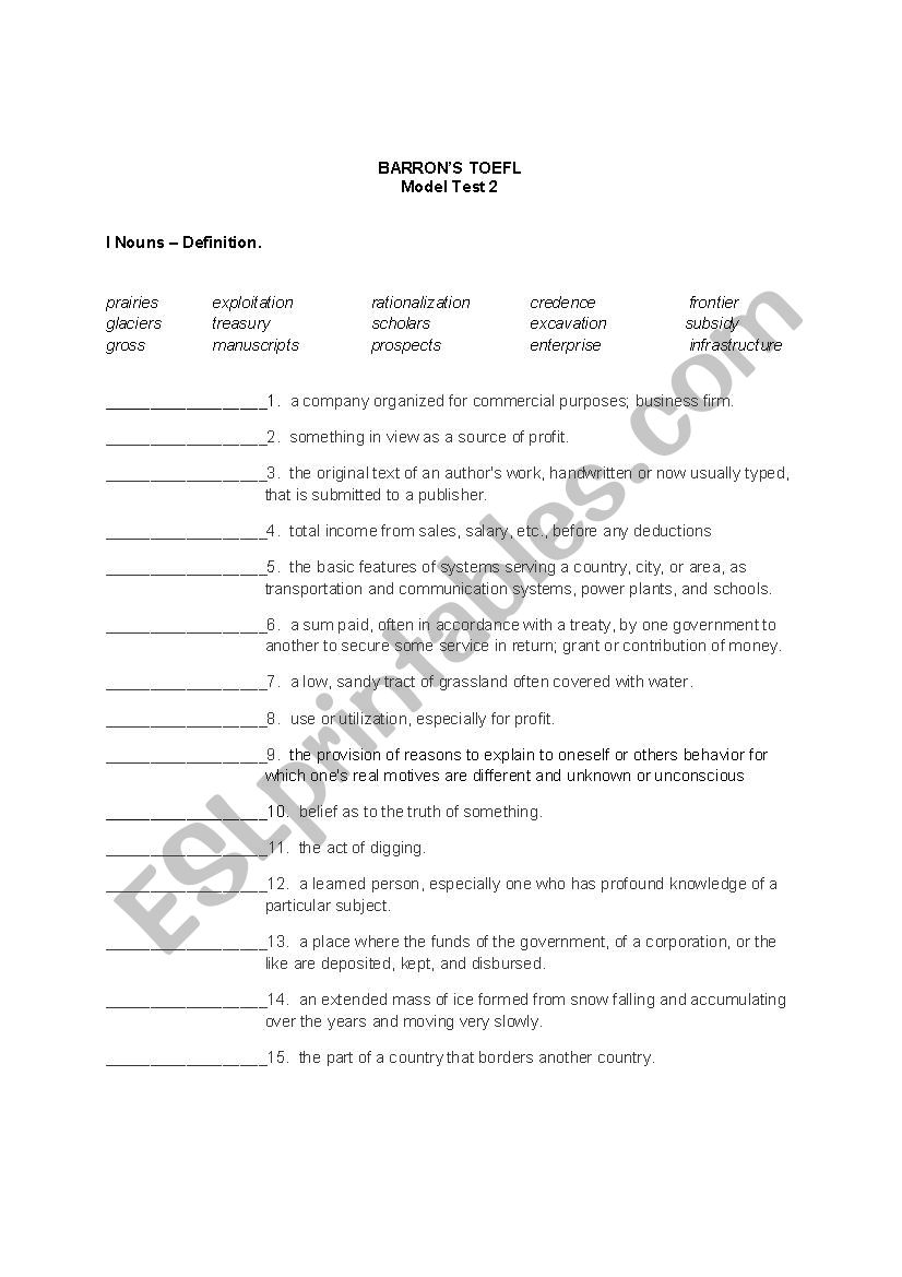 BARRON´S TOEFL Reading Vocabulary Model Test 2 - ESL worksheet by ...