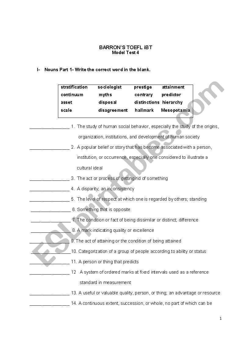 BARRON´S TOEFL Reading Vocabulary Model Test 4 - ESL worksheet by ...