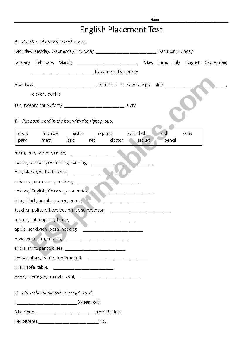 Practice English Placement Exam ESL Worksheet By Shannonfax