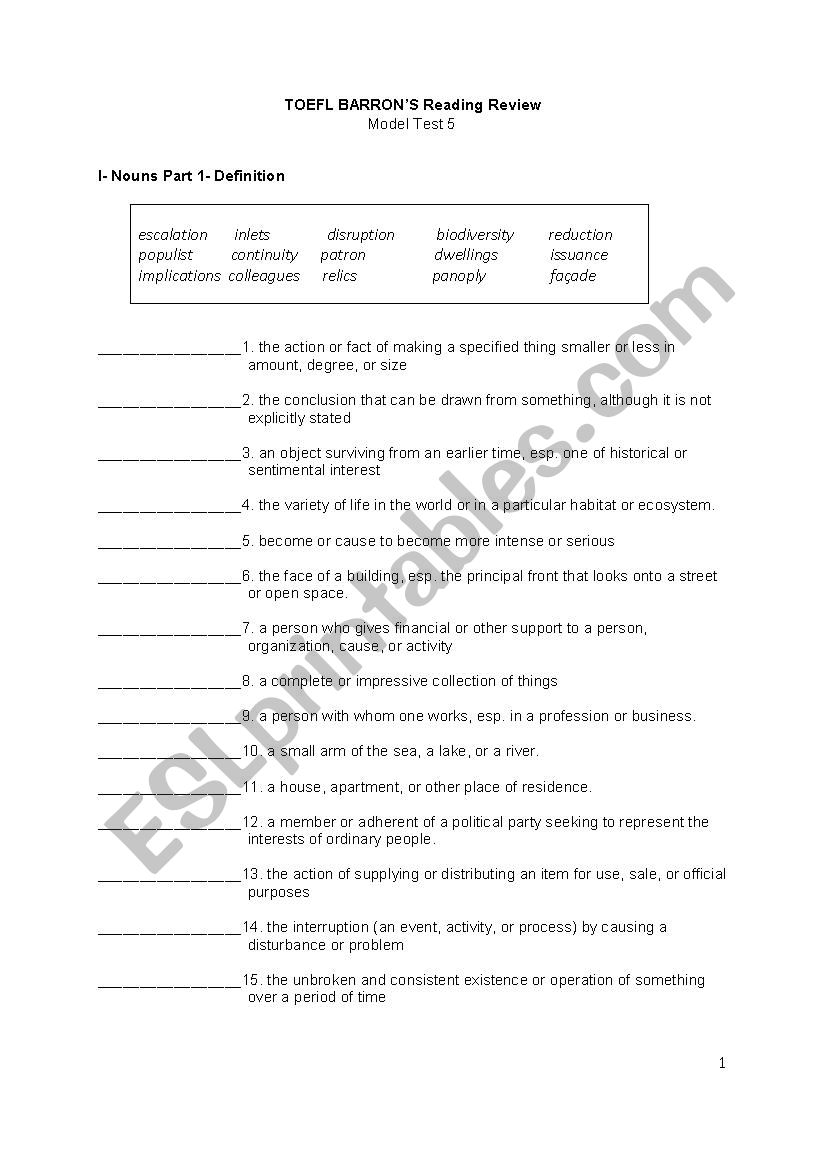 BARRON´S TOEFL Reading Vocabulary Model Test 5 - ESL worksheet by ...