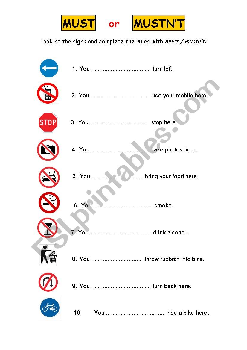 Signs - must or mustn´t ? - ESL worksheet by Annielka