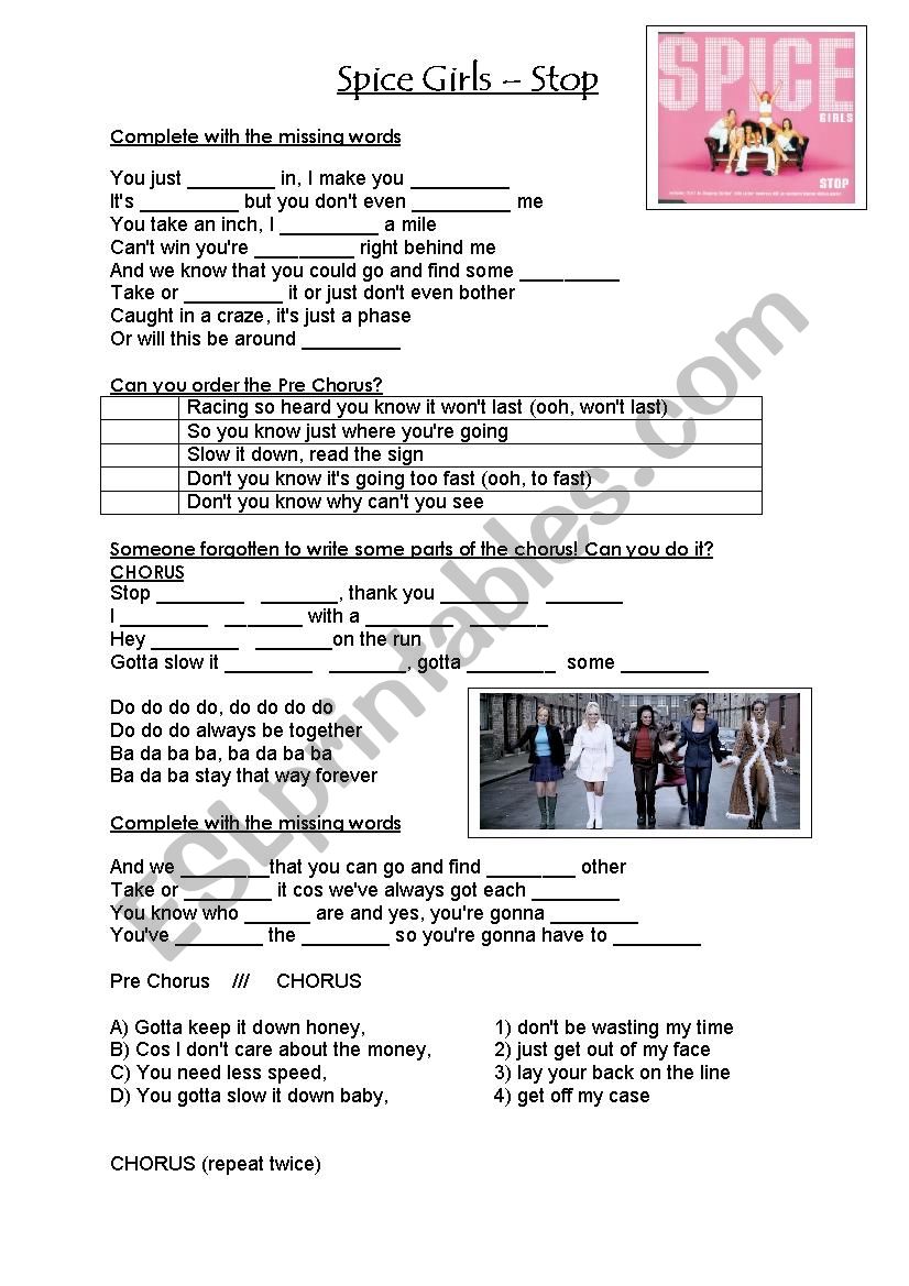 Spice Girls – Stop - ESL worksheet by popera_flor